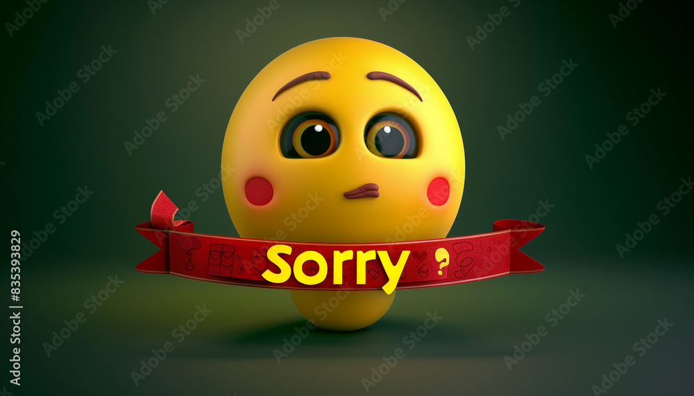 Render a 3D luxurious yellow emoji with an apologetic expression ...