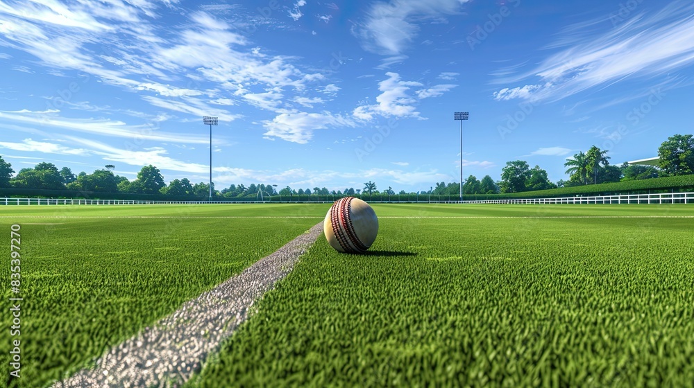 cricket ball lying on the crease line of a lush green cricket field ...