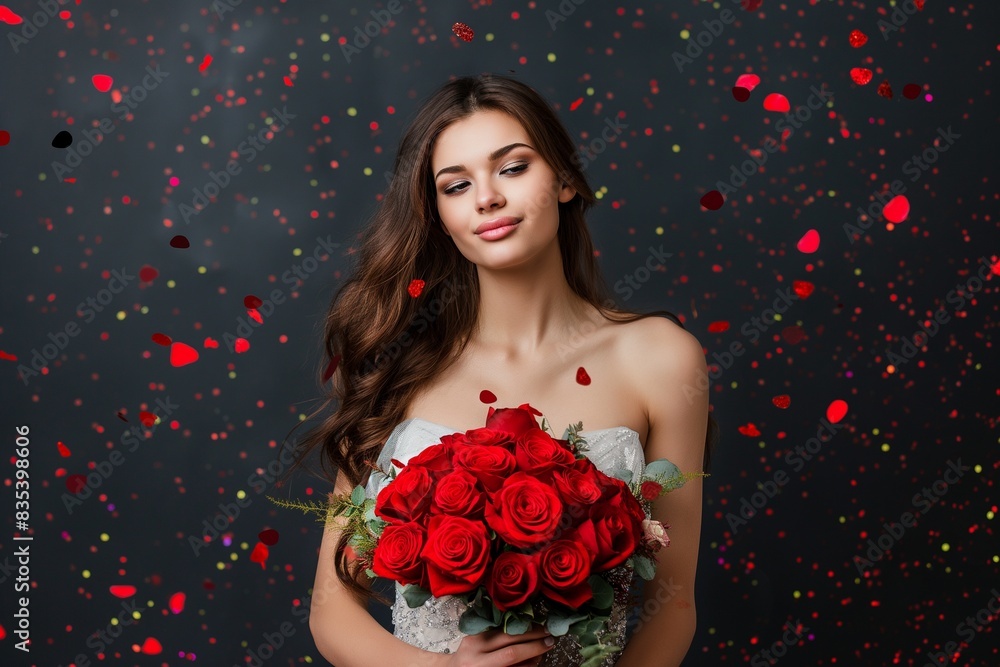 Beautiful young woman with bouquet of red roses, Beautiful Young Woman ...