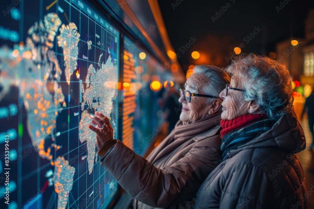 Elderly Couple Examining Digital Population Statistics Map Reflecting ...