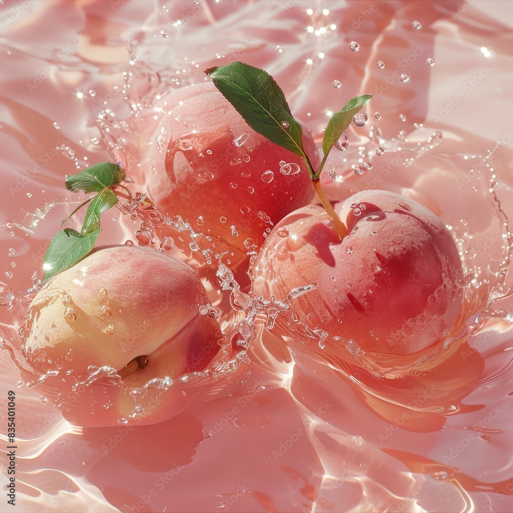Three peaches with water droplets are being splashed on a glossy pink ...