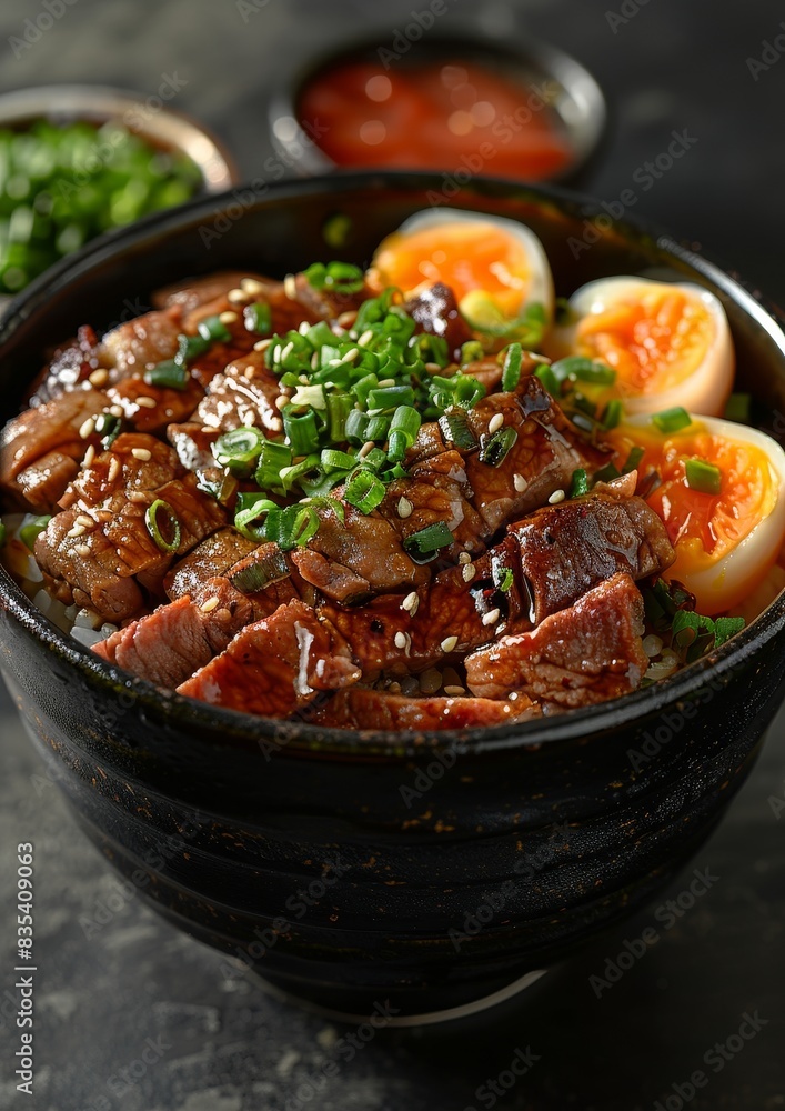 Donburi - Rice bowl topped with beef (gyudon), chicken (oyakodon), or ...