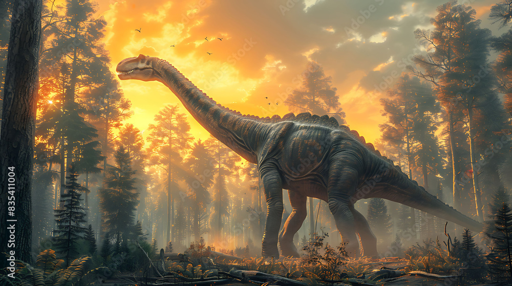 Brachiosaurus stretching its neck to reach leaves from tall trees among ...