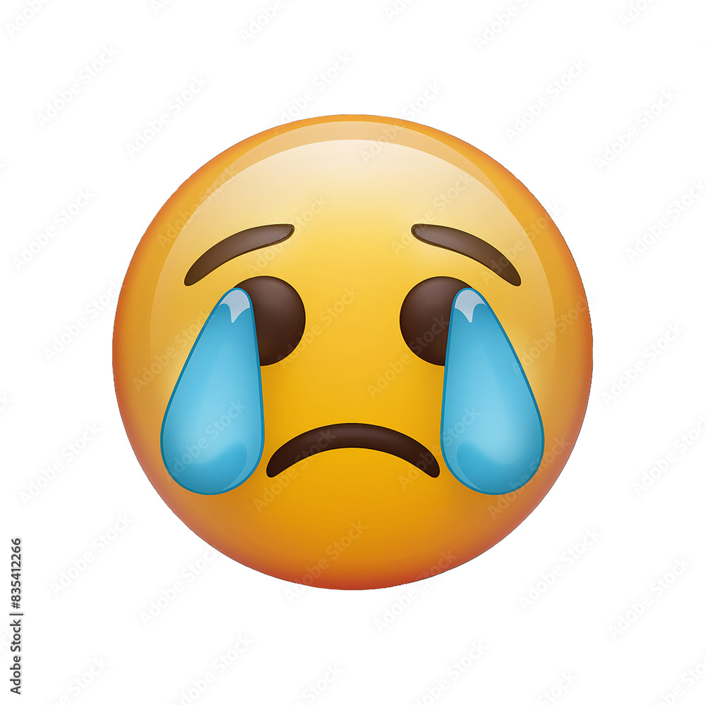 A 3D crying face emoji with large, expressive eyes shedding big blue ...