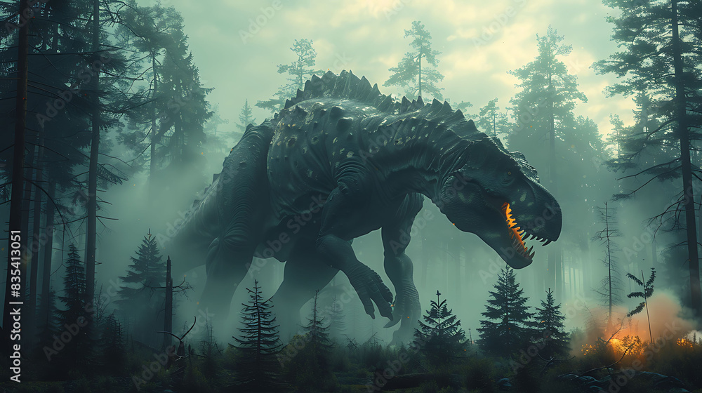 Carnotaurus stalking its prey in a dark misty forest with other ...