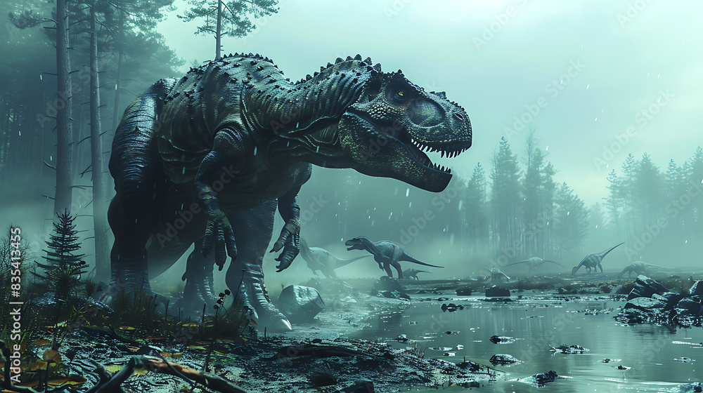 Carnotaurus stalking its prey in a dark misty forest with other ...