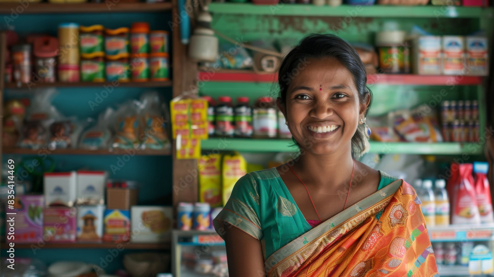 Smiling indian woman in vibrant sari at her quaint local market stall ...
