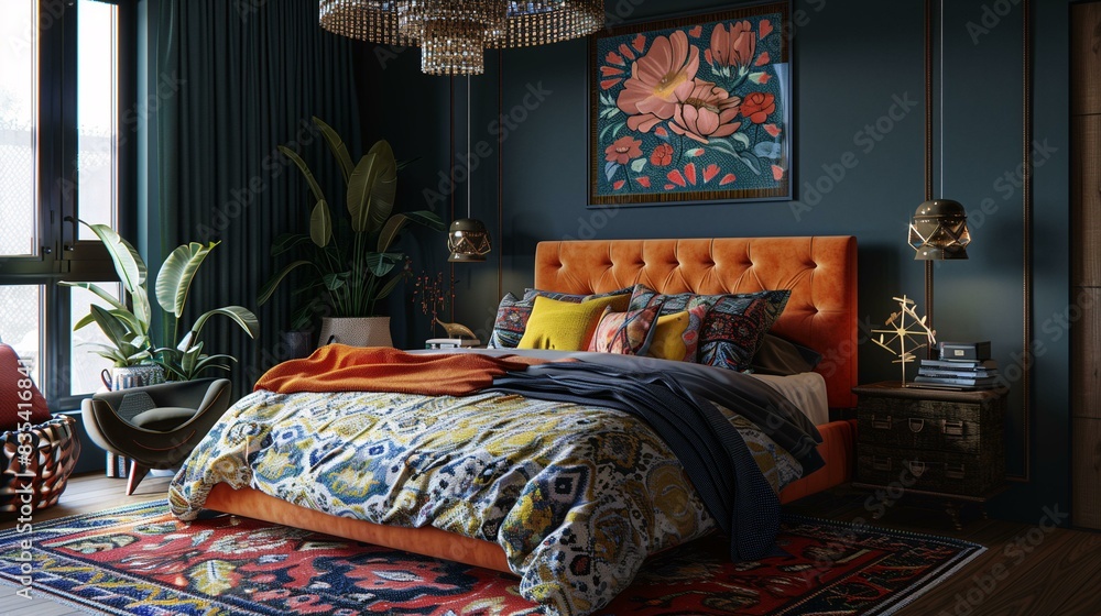 Maximalist bedroom with bold patterns and layered textures Stock Photo ...