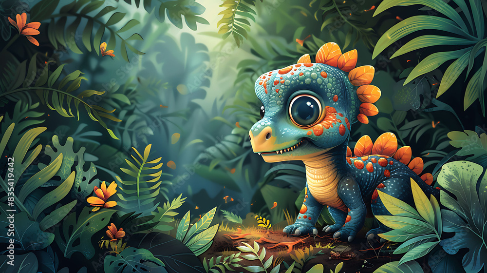 cute baby Shunosaurus feeding on leaves from tall trees in a dense ...