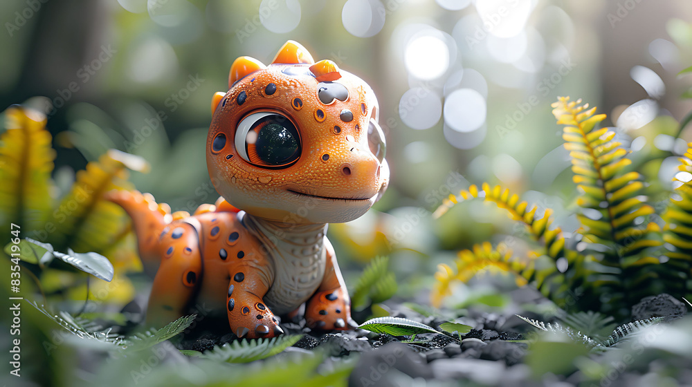 cute baby Shunosaurus feeding on leaves from tall trees in a dense ...