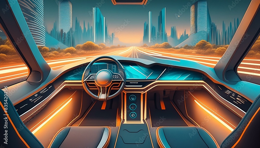 Futuristic autonomous vehicle cockpit. Interior of unmanned car cockpit ...