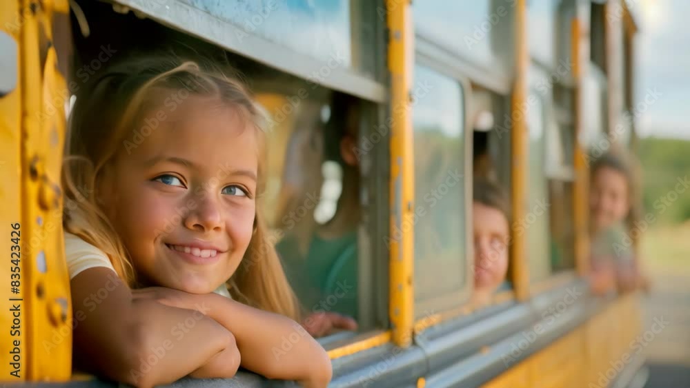 Group of children with smiles, looking out the windows of a yellow ...