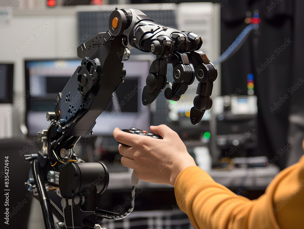 Remote operator directs robotic arm using joystick control in a high ...
