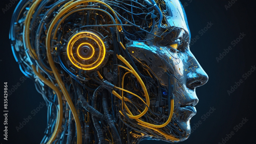 Side view of a humanoid head with blue and yellow eyes and vibrant neon ...