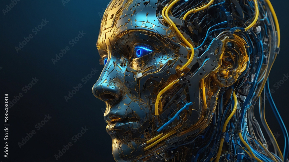 Side view of a humanoid head with blue and yellow eyes and vibrant neon ...