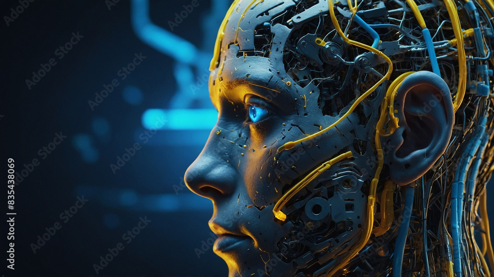 Side view of a humanoid head with blue and yellow eyes and vibrant neon ...