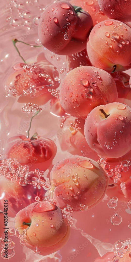 A cluster of peaches with water droplets float in pink water ...