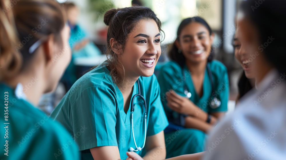 Nursing student and her team, dressed in scrubs, engaged in a lively ...