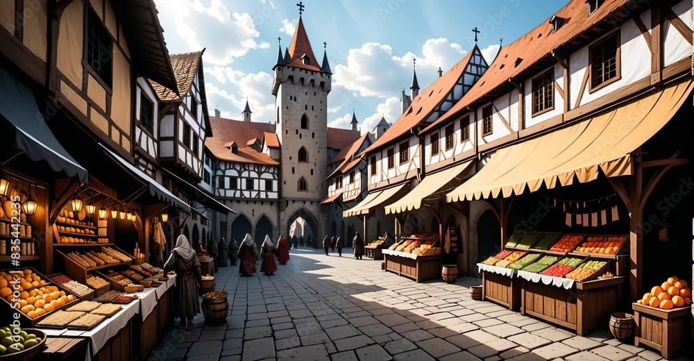 medieval market shopping district outdoors. blacksmith forge master ...