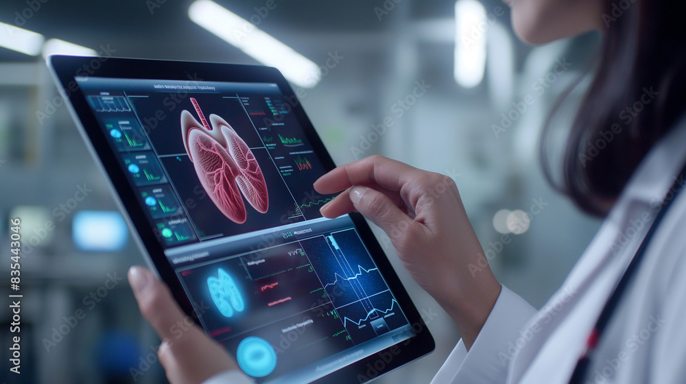 An iPad held by a female doctor displays a dynamic user interface with ...