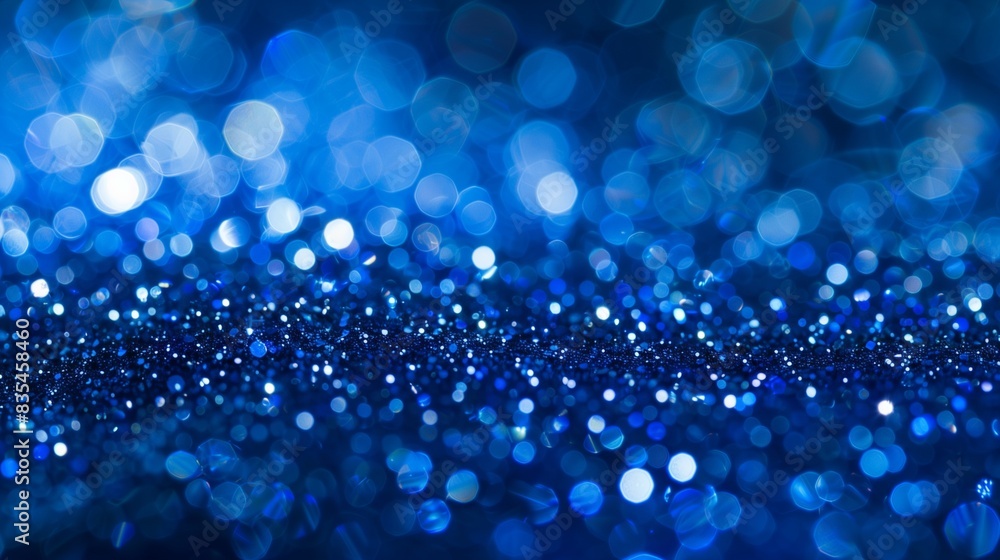 Sapphire glitter bokeh background, Unfocused shimmer royal blue sparkle, Crystal droplets ...