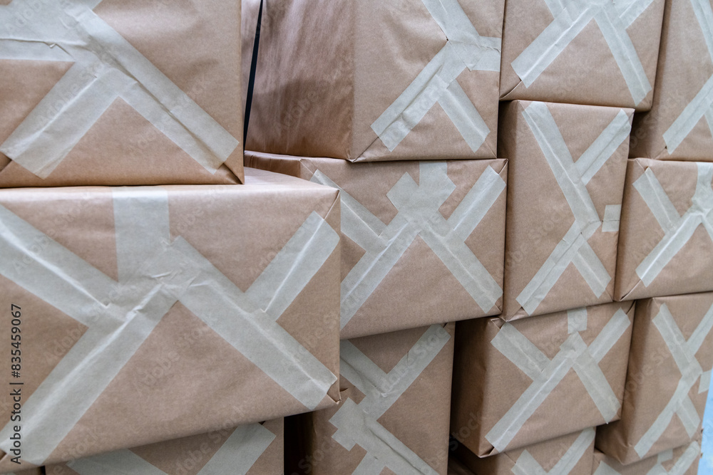 Paper parcels boxes with shipping goods in warehouse Stock Photo ...