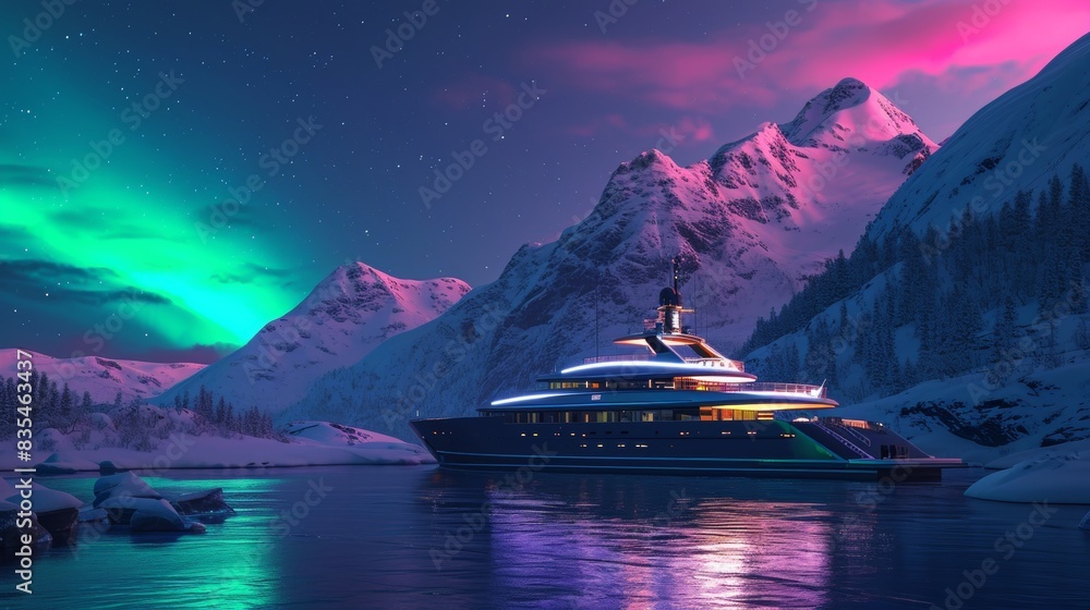 Cruise ship rest in sea water with snow mountain and beautiful aurora ...