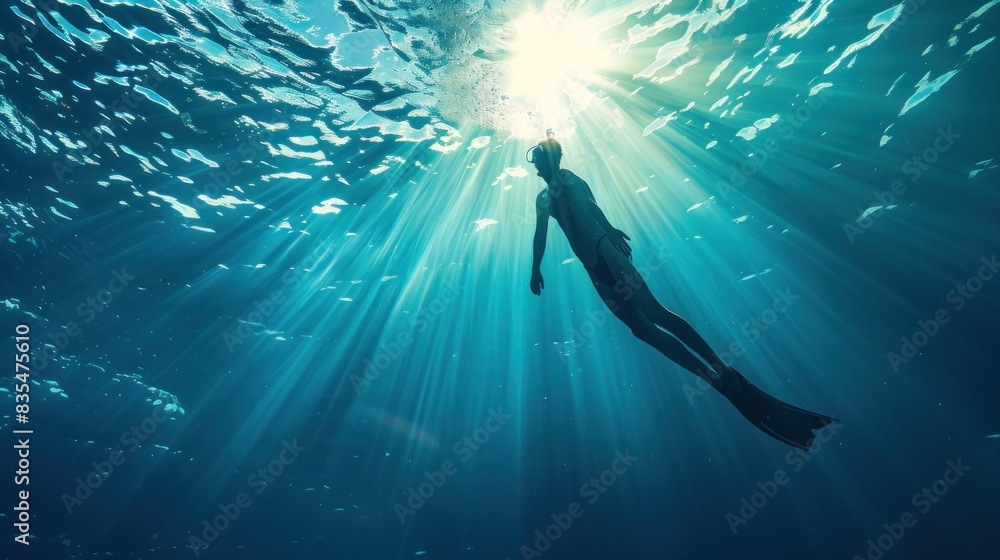 man swimming in deep sea with sunlight penetrating into the ocean Stock ...