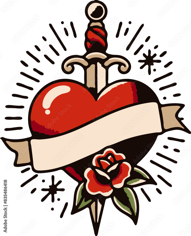 Vetor de Tattoo Hearts Dagger. Traditional Tattoo Hearts and Scrolls ...