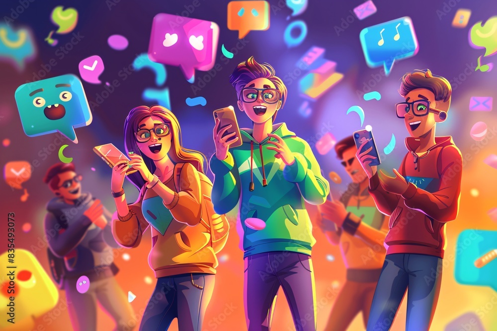 Cartoon of people using a chat app to communicate depicting various ...