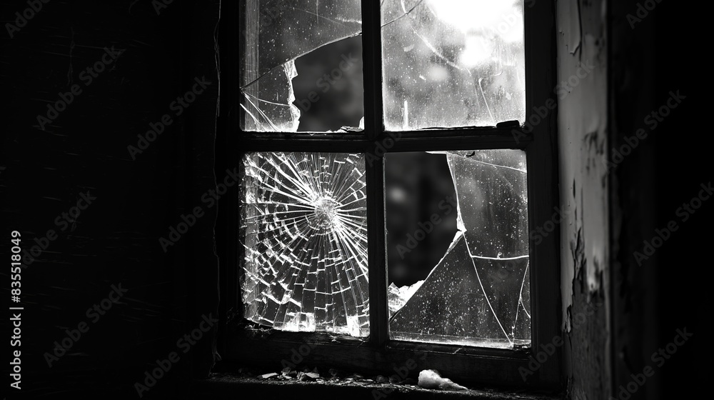 shattered broken glass house window with hole on black background, for ...