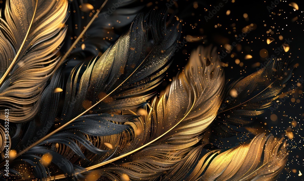 Luxury gold feather on dark background. Golden line art with bird ...