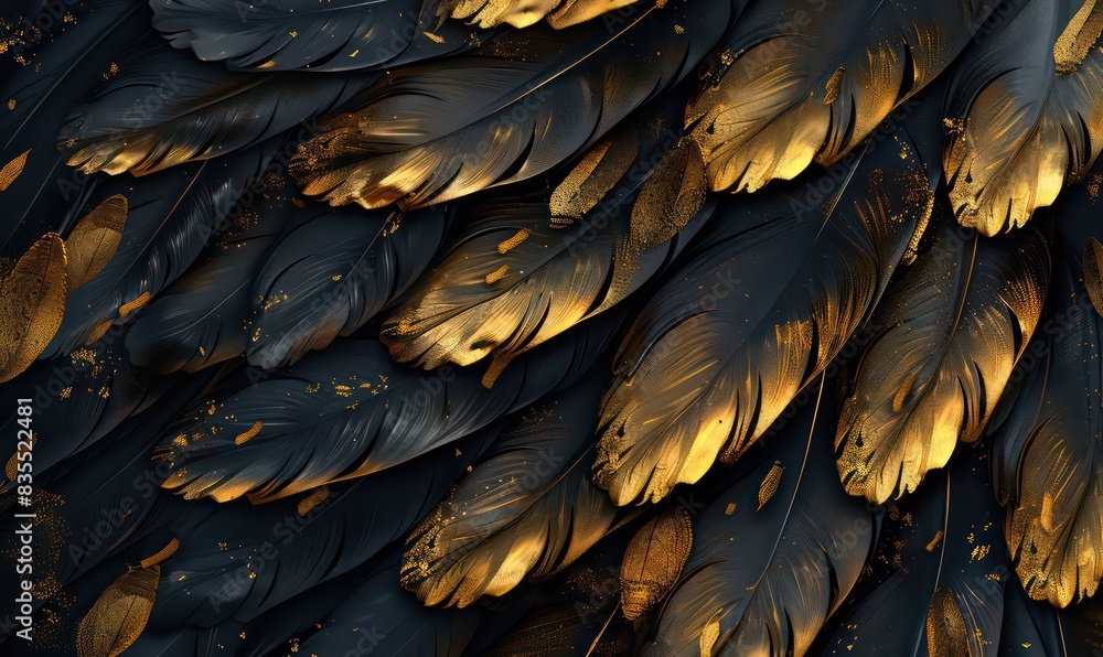 Luxury gold feather on dark background. Golden line art with bird ...