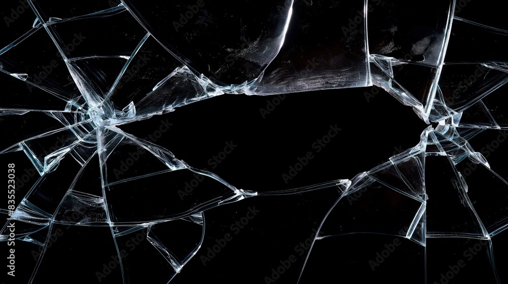 shattered broken glass shards pieces on black background, for overlay ...