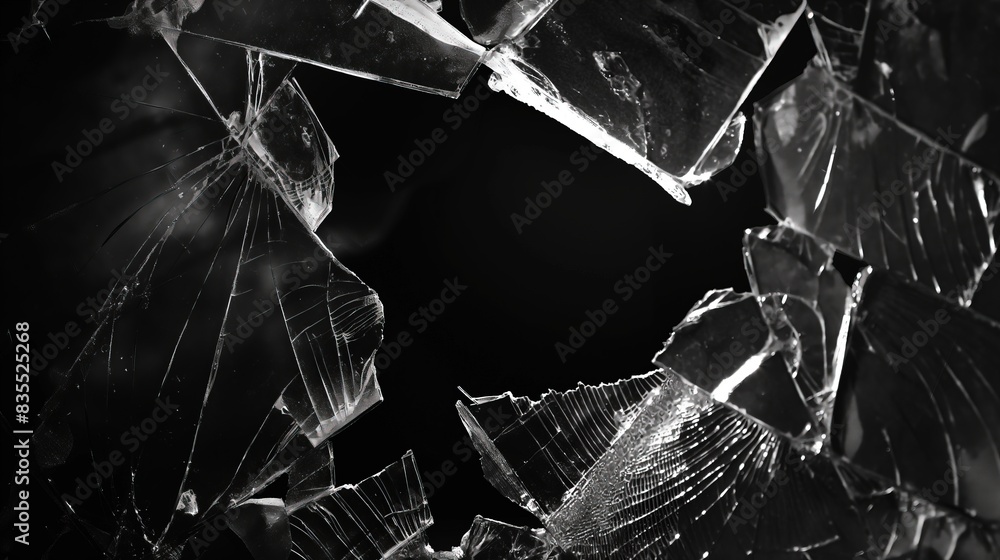 shattered broken glass car window on black background, for overlay and ...