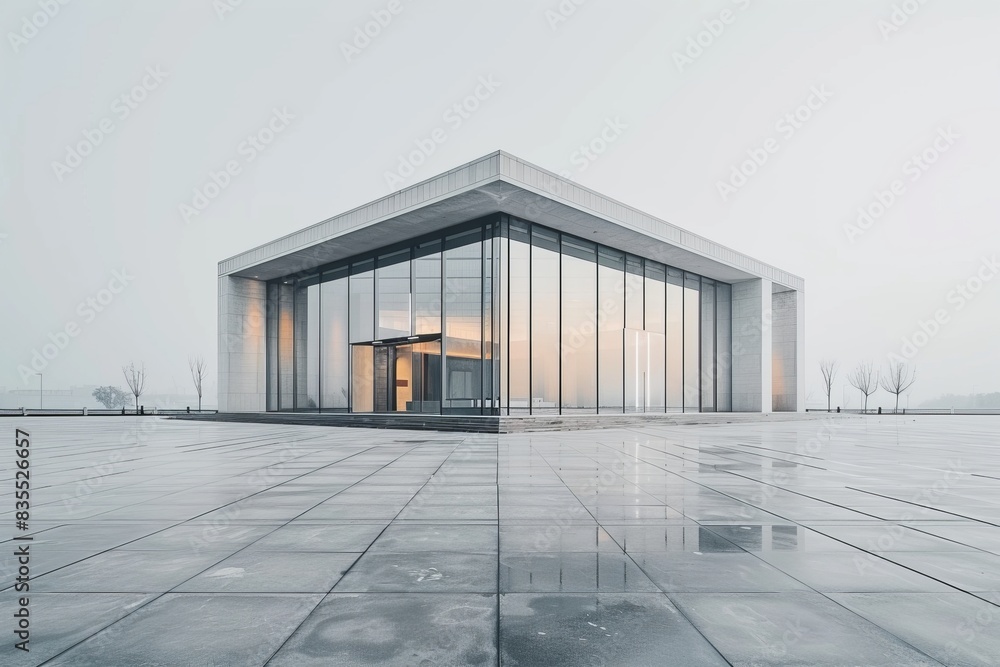 A sleek, minimalist modern building with clean lines and large glass ...