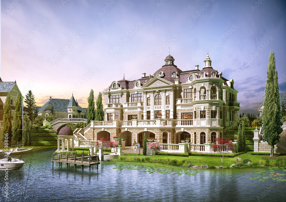The image depicts an elegant lakeside manor, exuding a sense of luxury ...