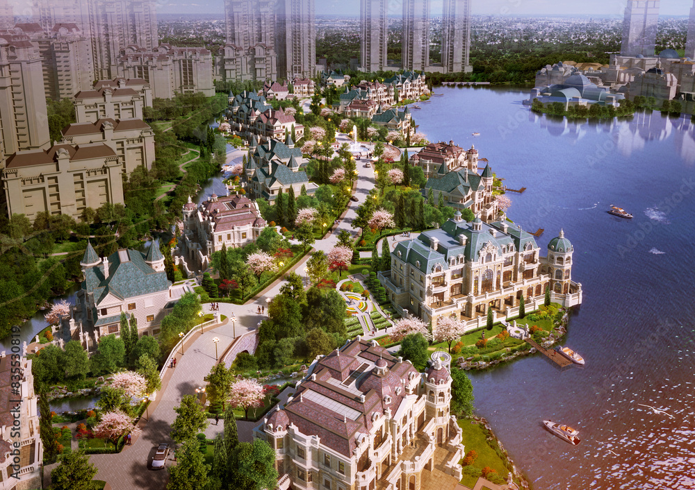 This image depicts an aerial view of a luxury residential complex. The ...