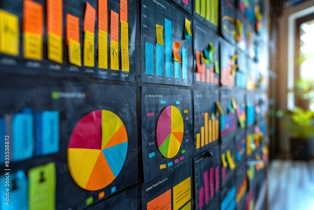 Colorful business charts and graphs with sticky notes on office wall ...