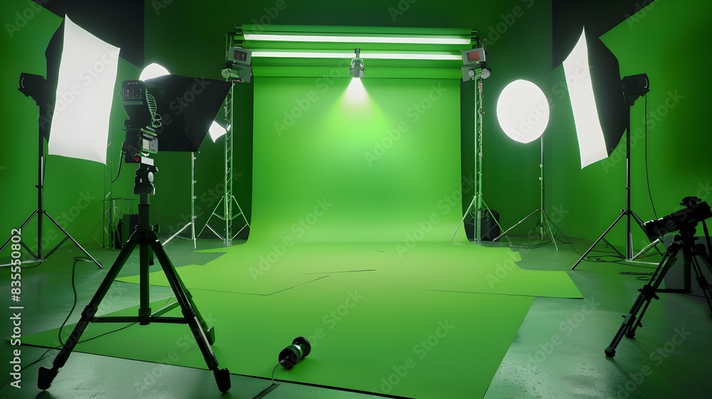 Professional photo studio setup with green chroma key background and ...