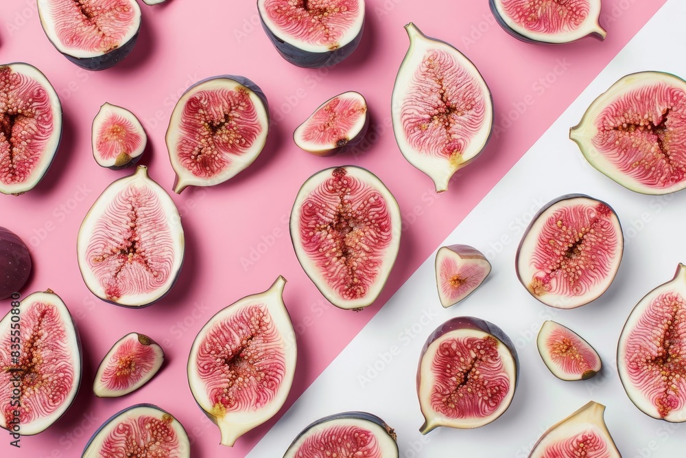 pattern of sliced ripe figs arranged on a pink and white background ...