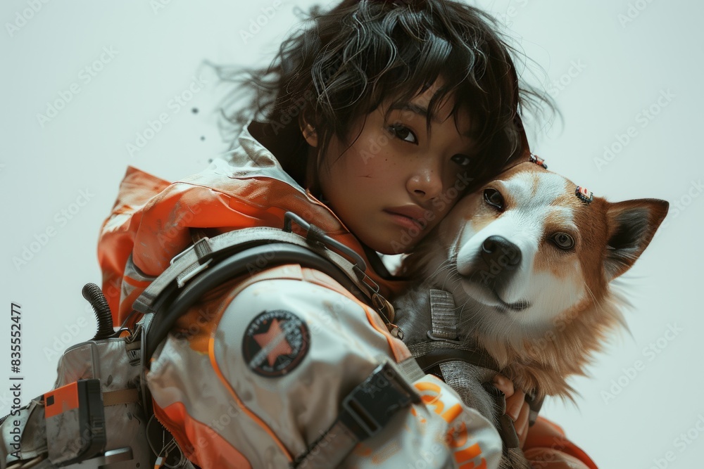 sci fi, person holding a dog, happy, solid white background, 8k ...