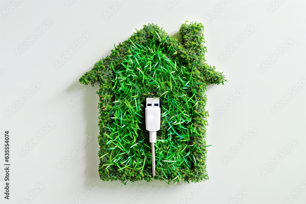 esg, renevable energy concept, green house and wall plug on white wall ...