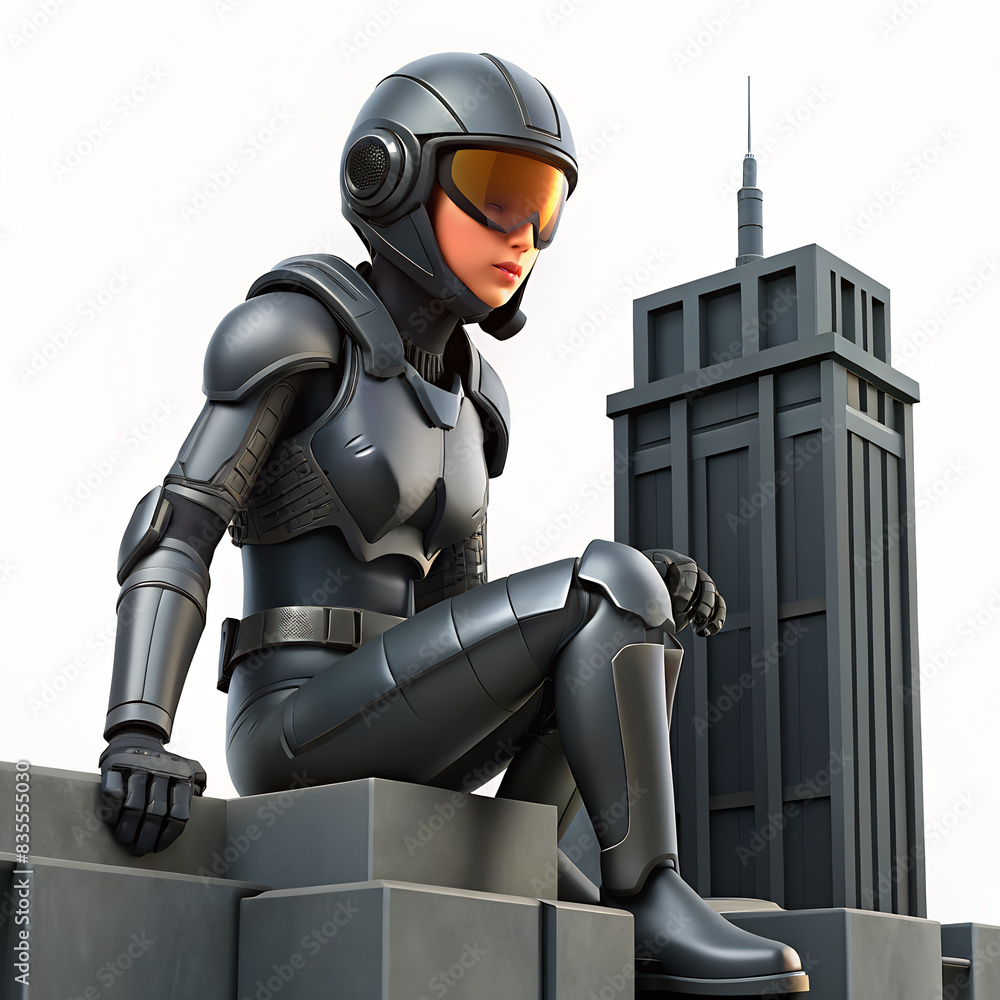 3d illustration cyborg female sitting on her haunches on the edge of ...