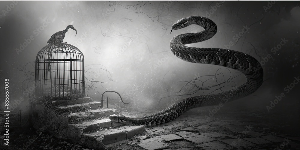 A captivating monochrome image depicts a snake shaping a spiral ...