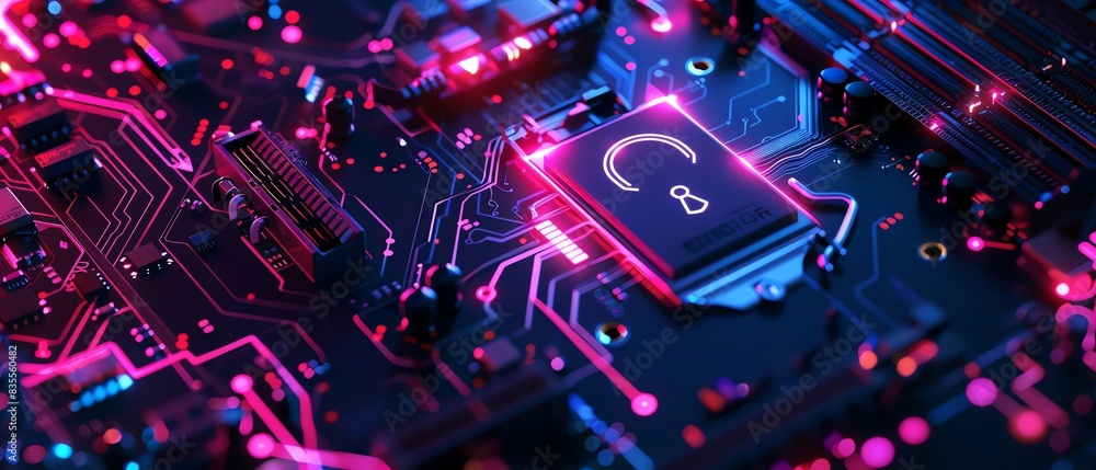 Computer motherboard with cybersecurity lock concept, showcasing ...