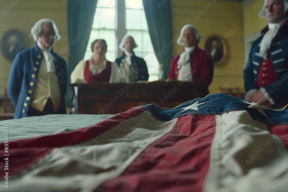 A detailed scene depicting a historical reenactment of the American ...