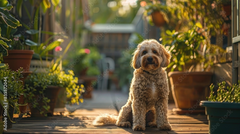 A cute and fluffy cockapoo sitting on the porch of an elegant house ...