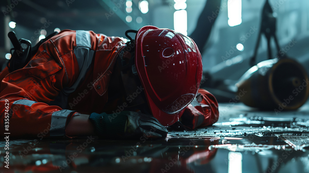 The worker suffered a head injury at work. A man in a hard hat and a ...