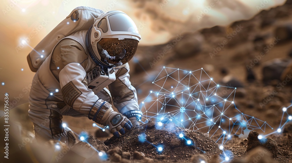 A detailed photo of a scientist in a space suit examining samples of ...